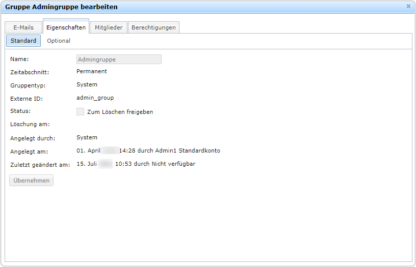 Reiter "Gruppen": Reiter "Eigenschaften"